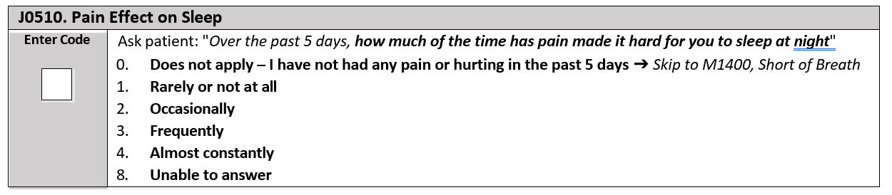 OASIS-E: J0510 Pain Effect on Sleep...Medicare's Intent?